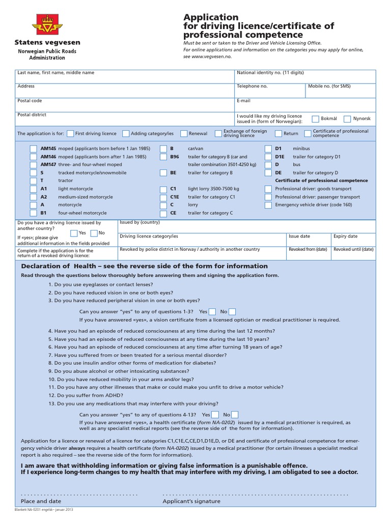 NA-0201 Application For Driving Licence and Certificate of Professional ...