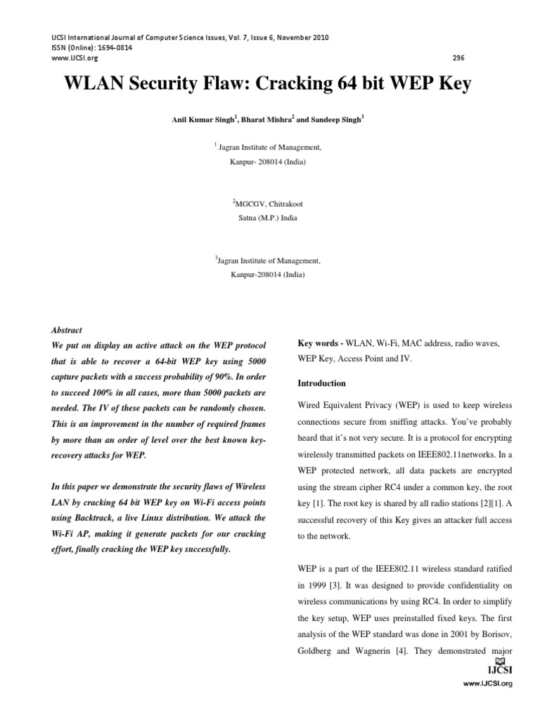 WLAN Security Flaw Cracking 64 Bit WEP Key | Download Free PDF ...