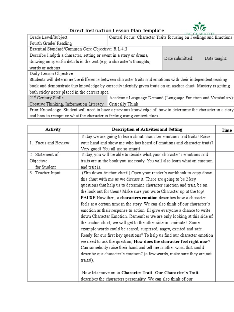 Character Traits and Emotions Lesson Plan | PDF | Lesson Plan | Emotions
