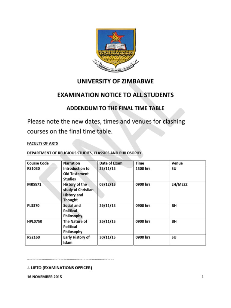 2015 Addendum To The Final Time Table | PDF | Academia | Science
