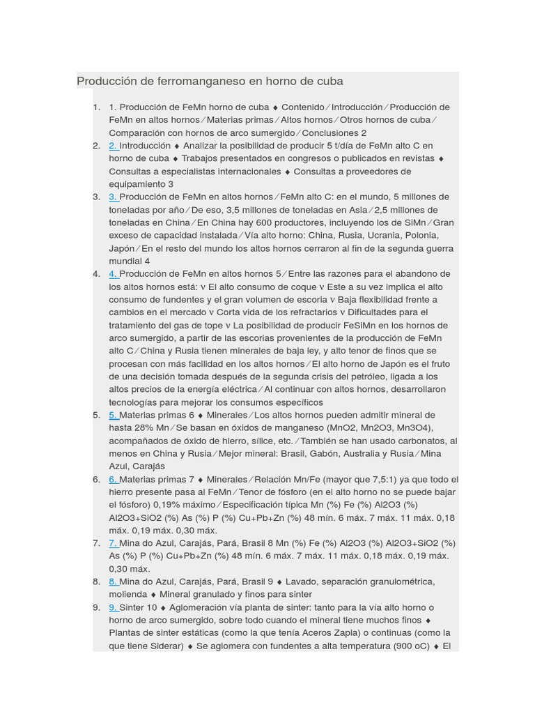 Producción de Ferromanganeso en Horno de Cuba | PDF | Arrabio | Alto horno