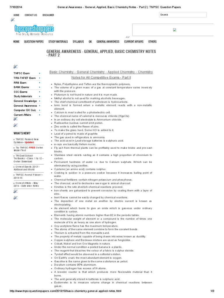 Basic Chemistry Notes for TNPSC Exams | PDF | Hydrogen | Chemical Elements
