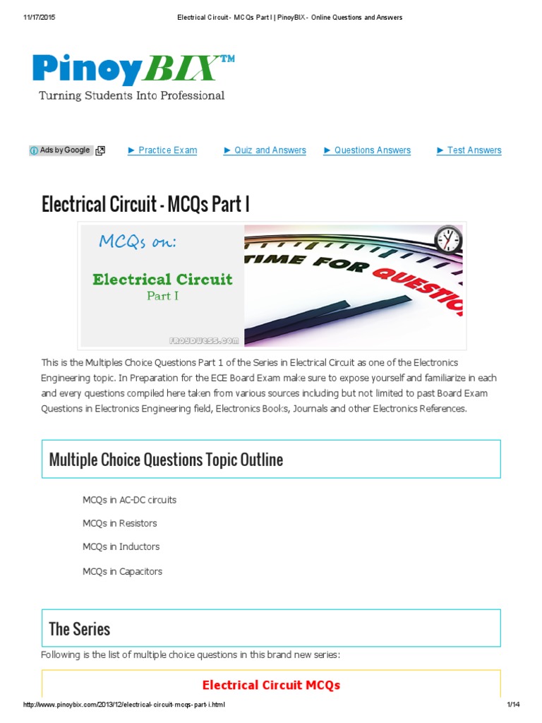 Electrical Circuit MCQs Part I Guide | PDF | Capacitor | Series And ...