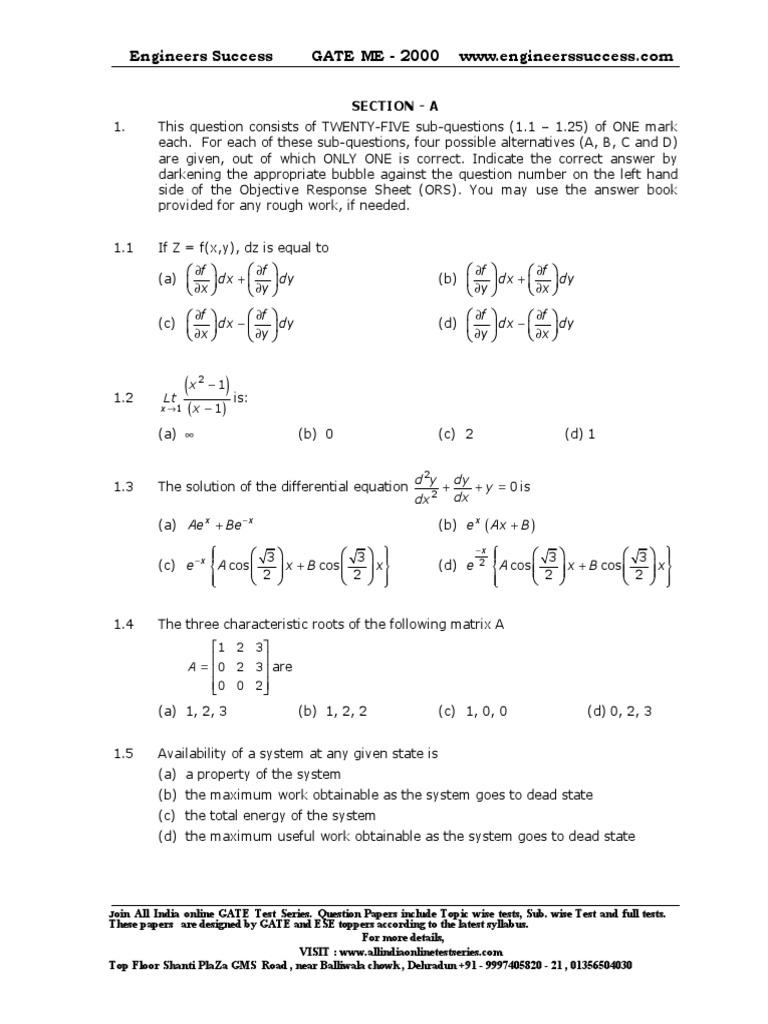Mechanical Privious Year Gate Papers Gate - 2000 | PDF | Internal ...