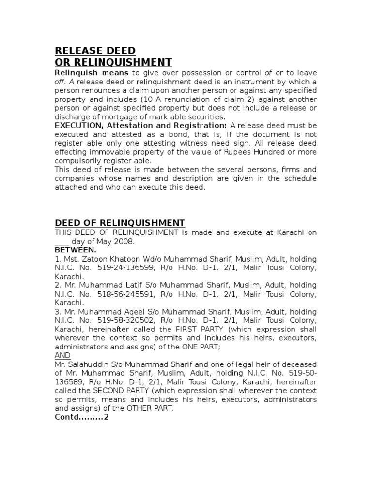 Definition & Model Document of RELEASE DEED | Deed | Property Law