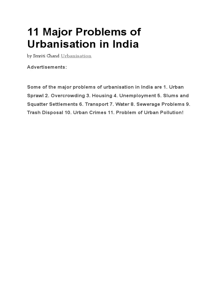 11 Major Problems of Urbanisation in India | PDF | Urbanization | Slum