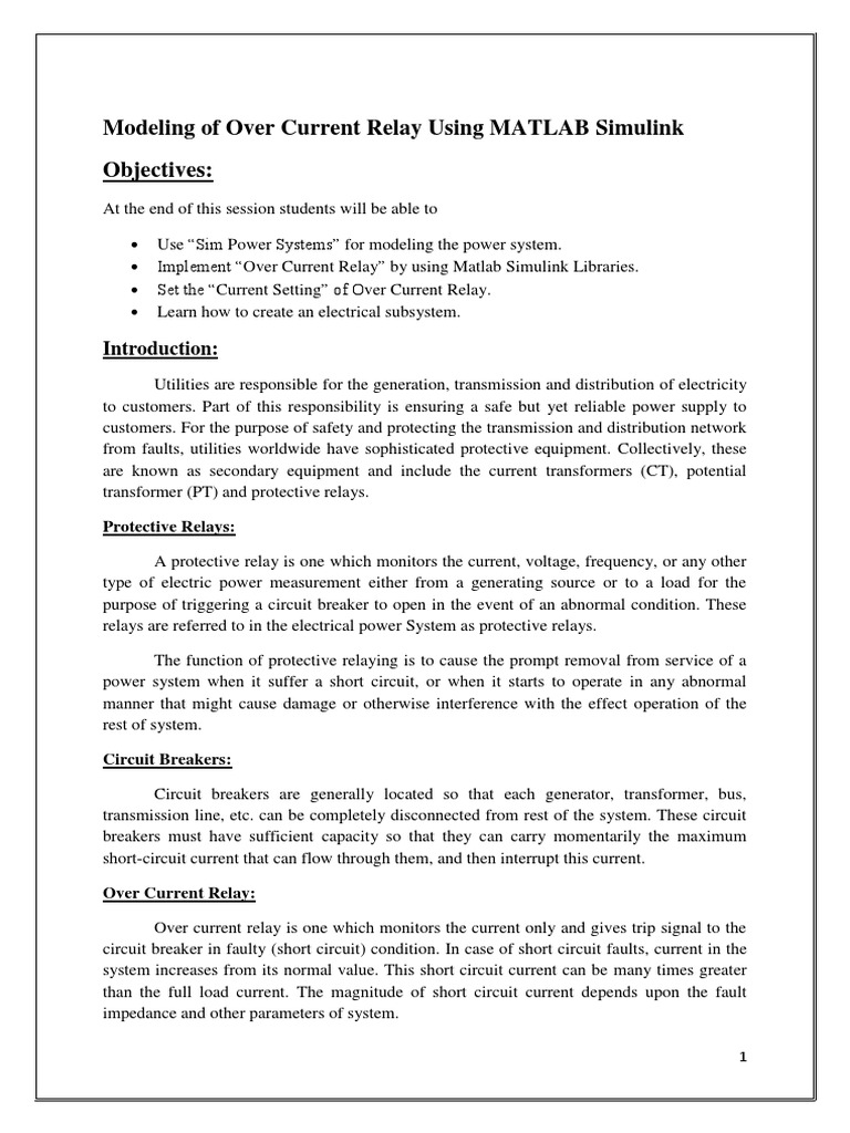 Modeling of Over Current Relay Using MATLAB Simulink Objectives | PDF ...