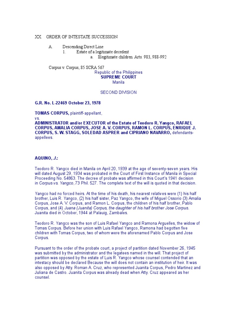 Xx. Order of Intestate Succession A. Descending Direct Line 1. Estate ...