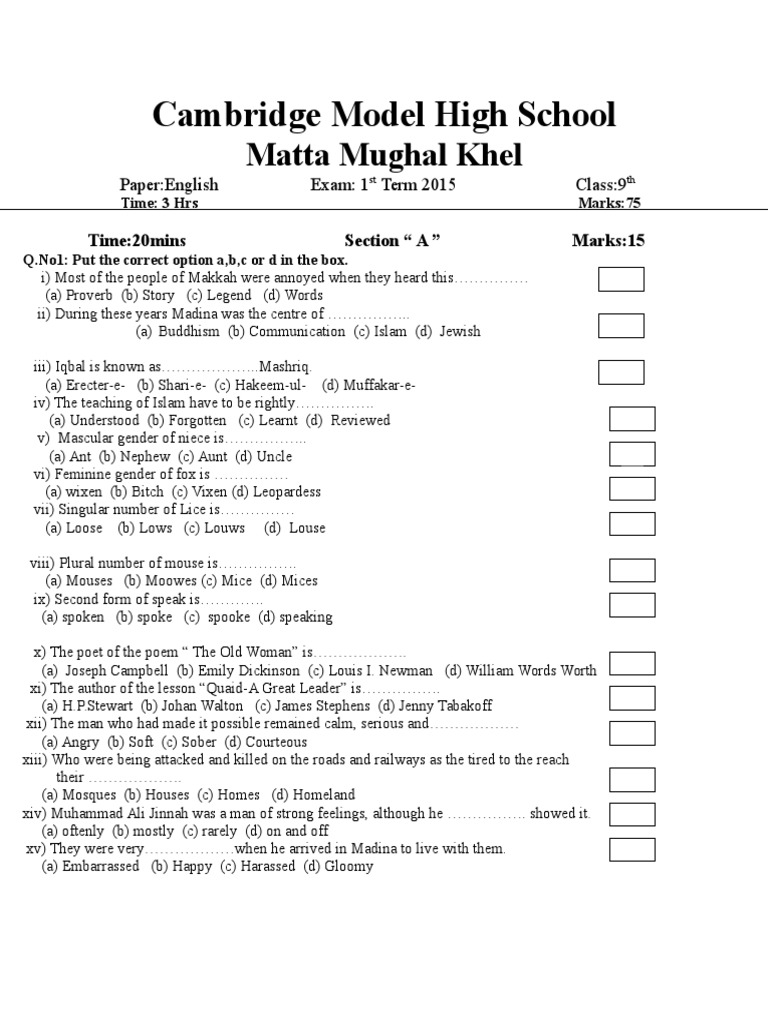 Class 9th English Model Paper | PDF | Religion And Belief | Languages
