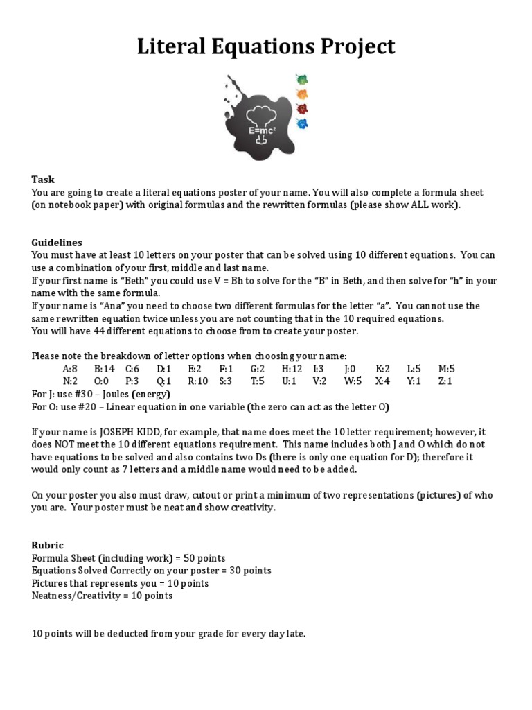 Literal Equations Name Project | PDF | Area | Rectangle