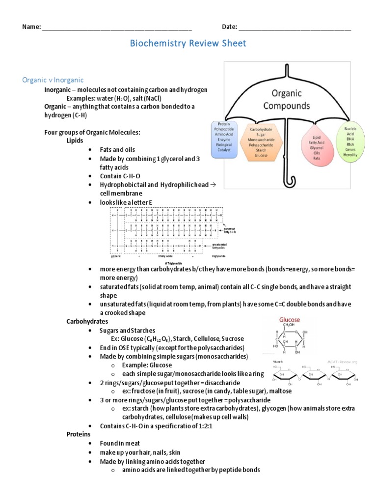 Biochemistry Review Sheet | PDF | Carbohydrates | Biochemistry