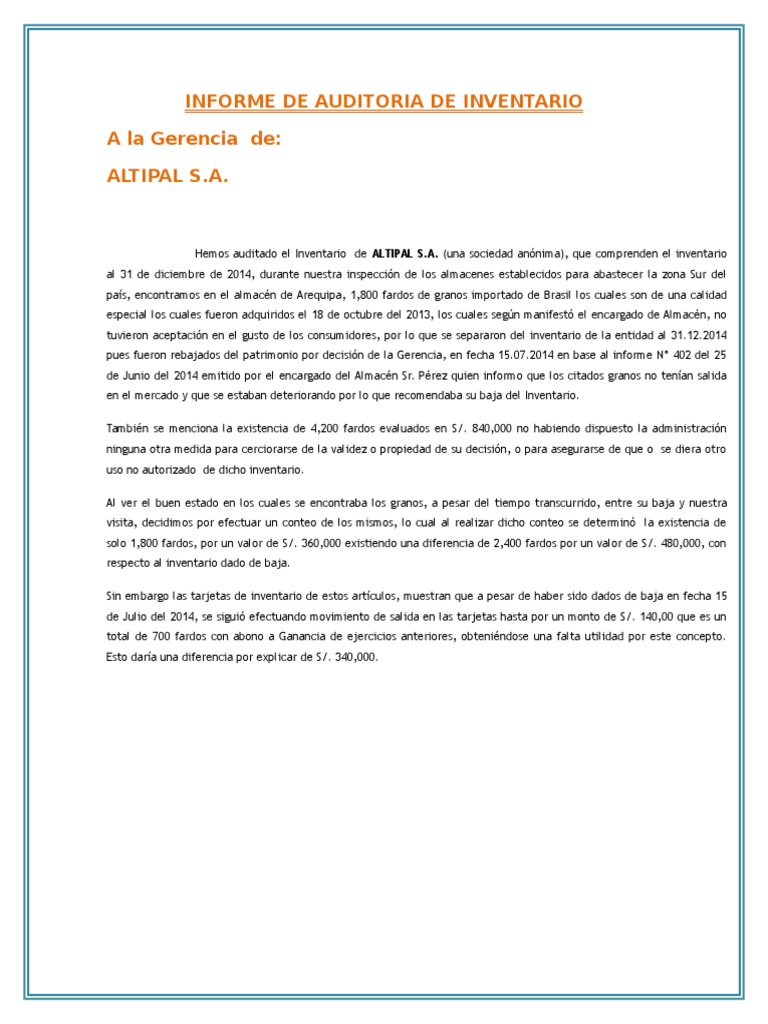 Informe de Auditoria de Inventario | PDF | Inventario | Business
