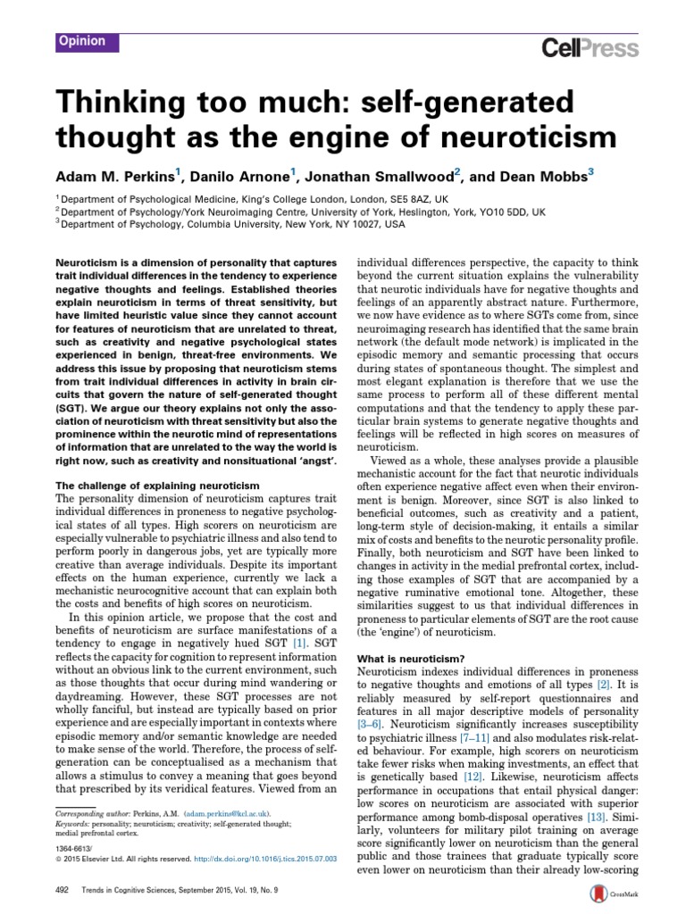 Adam Perkins, Et Al. Thinking Too Much. Self-Generated Thought As The ...
