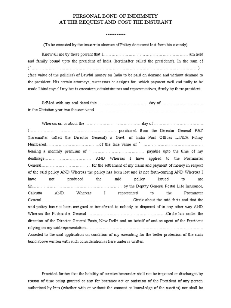 Personal Bond of Indemnity | PDF | Indemnity | Insurance
