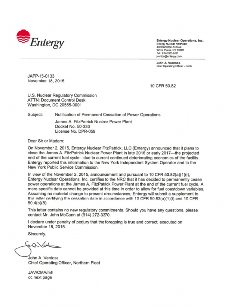 FitzPatrick Cessation Letter 11/18/2015 | PDF