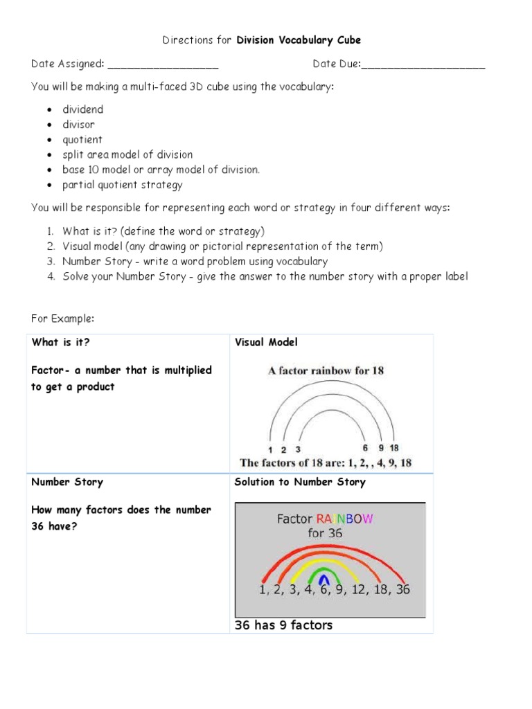 Division Vocabulary Cube Guide | PDF