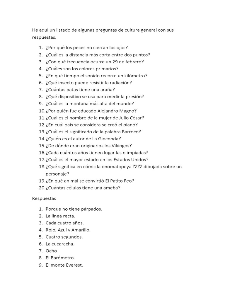 20 Preguntas de Cultura General y Respuestas | PDF | Estudios de ...