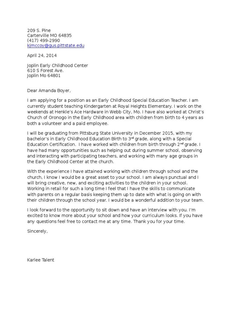 Early Childhood Teacher Application Letter | PDF | Self-Improvement