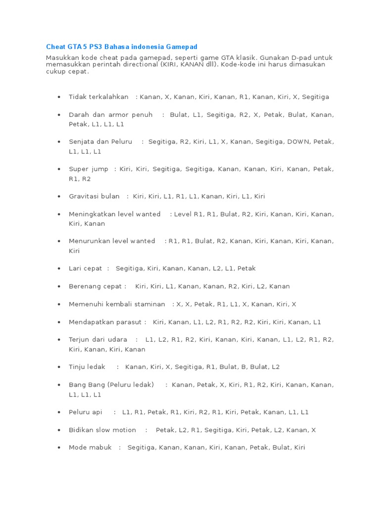Cheat GTA 5 PS3 Bahasa Indonesia Gamepad | PDF