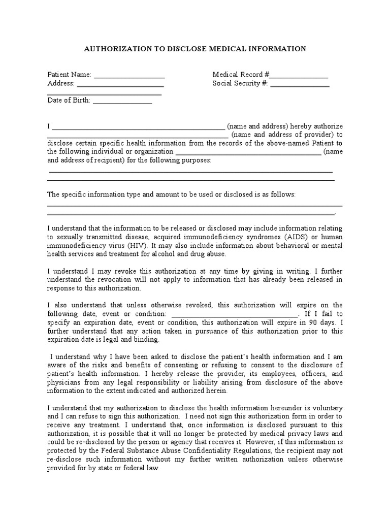 Authorization To Disclose Medical Information | PDF | Hiv/Aids ...