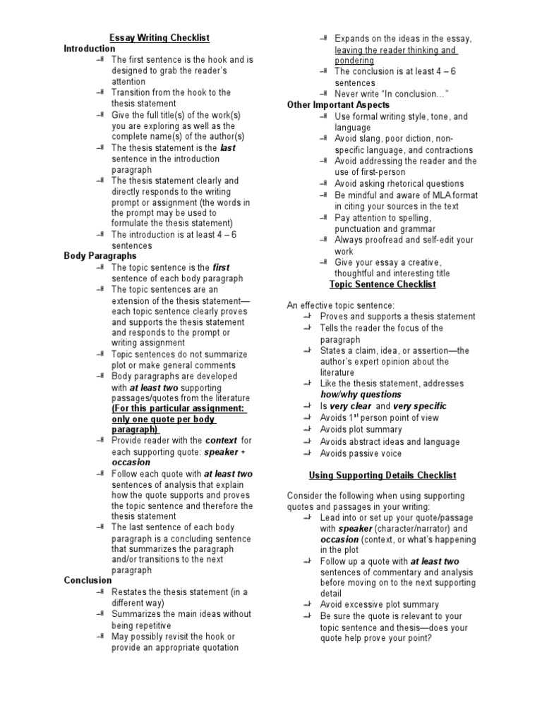 Analytical Essay Writing Checklist | PDF | Paragraph | Essays