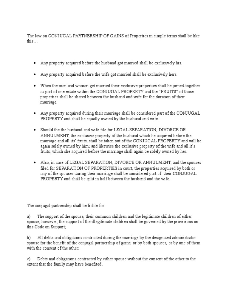 The Law On CONJUGAL PARTNERSHIP of GAINS of Properties in Simple Terms ...