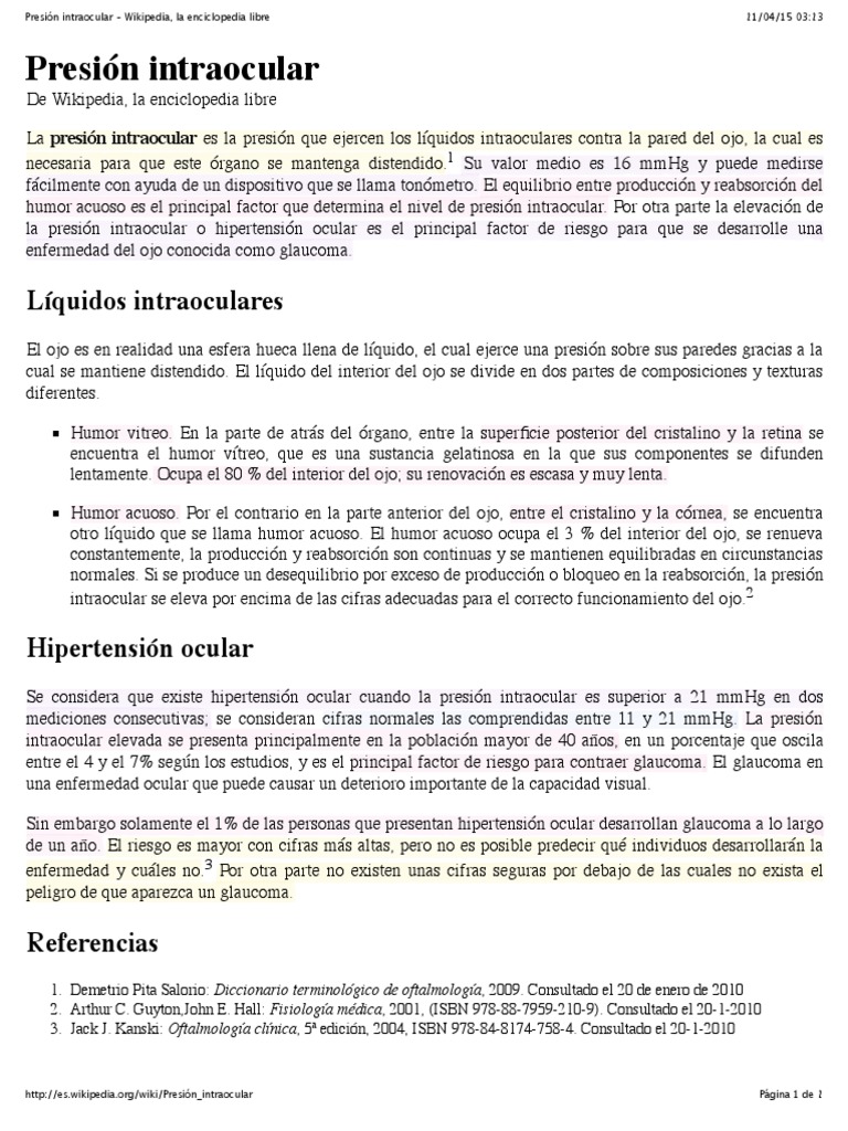 Wikipedia - Presión Intraocular (CHECKED) | PDF | Ojo humano | Oftalmología