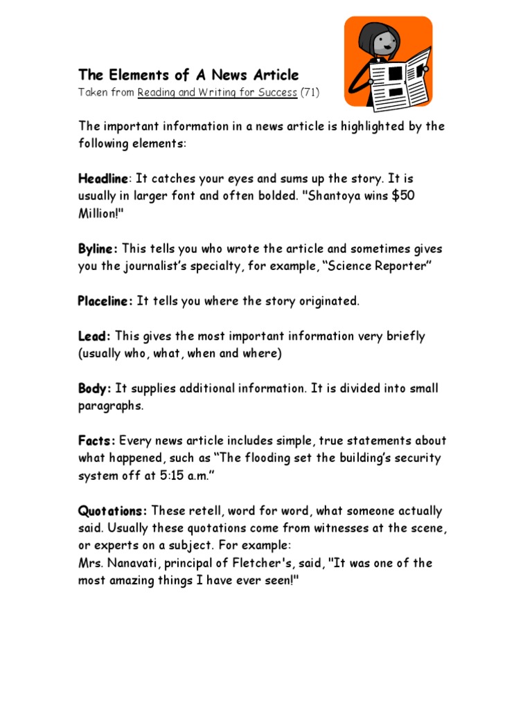 Very Important Information The Elements Of A News Article: Taken From