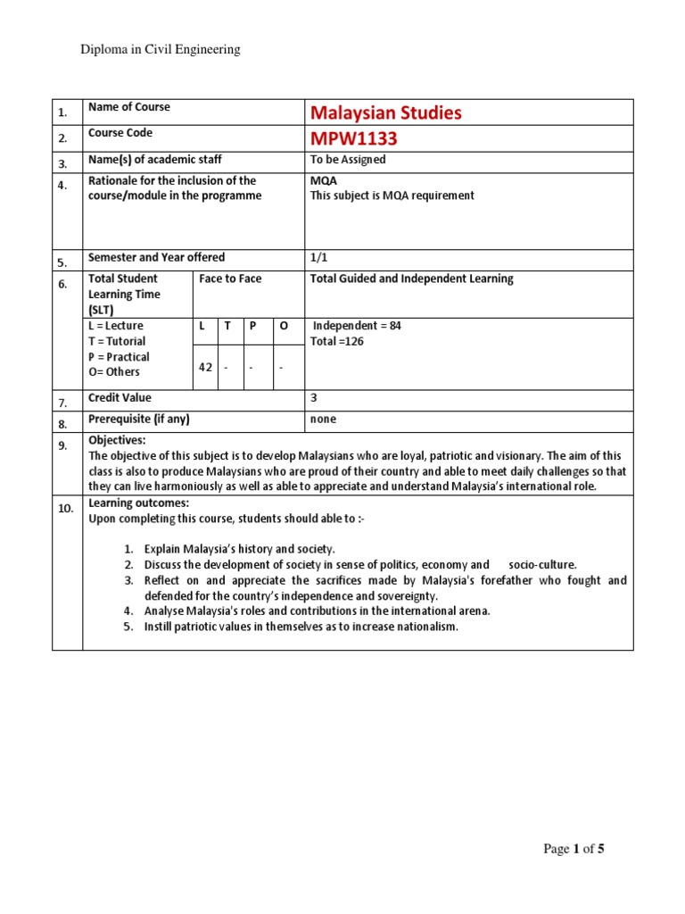Malaysian Studies Syllabus | PDF | Educational Assessment | Malaysia