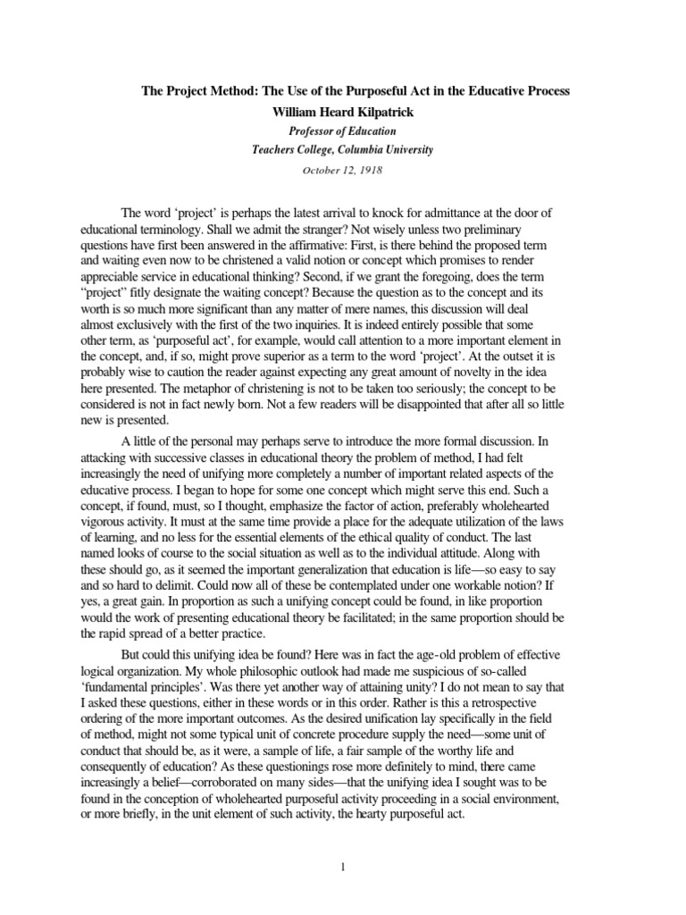 KILPATRICK, William. The Project Method | PDF | Concept | Thought