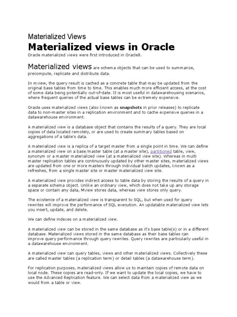 Materialized View Pdf Oracle Database Replication Computing