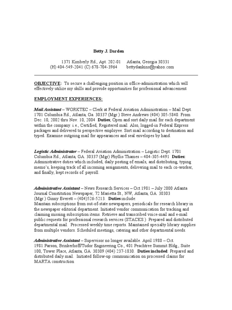 Office Administration Resume of Betty Darden | PDF | Mail | Business
