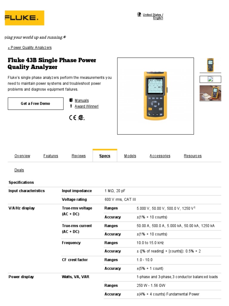 Fluke 43b Single Phase Power Quality Analyzer Spesification Hertz Capacitor