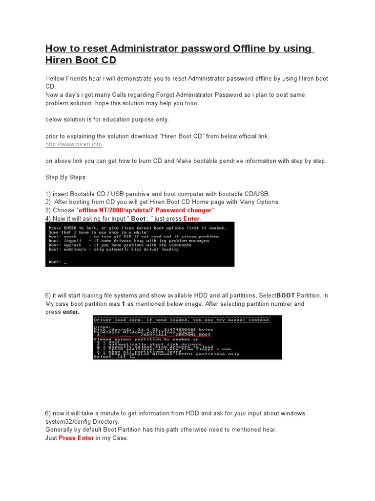 How To Reset Administrator Password Offline by Using Hiren Boot CD | PDF | Booting | Windows ...
