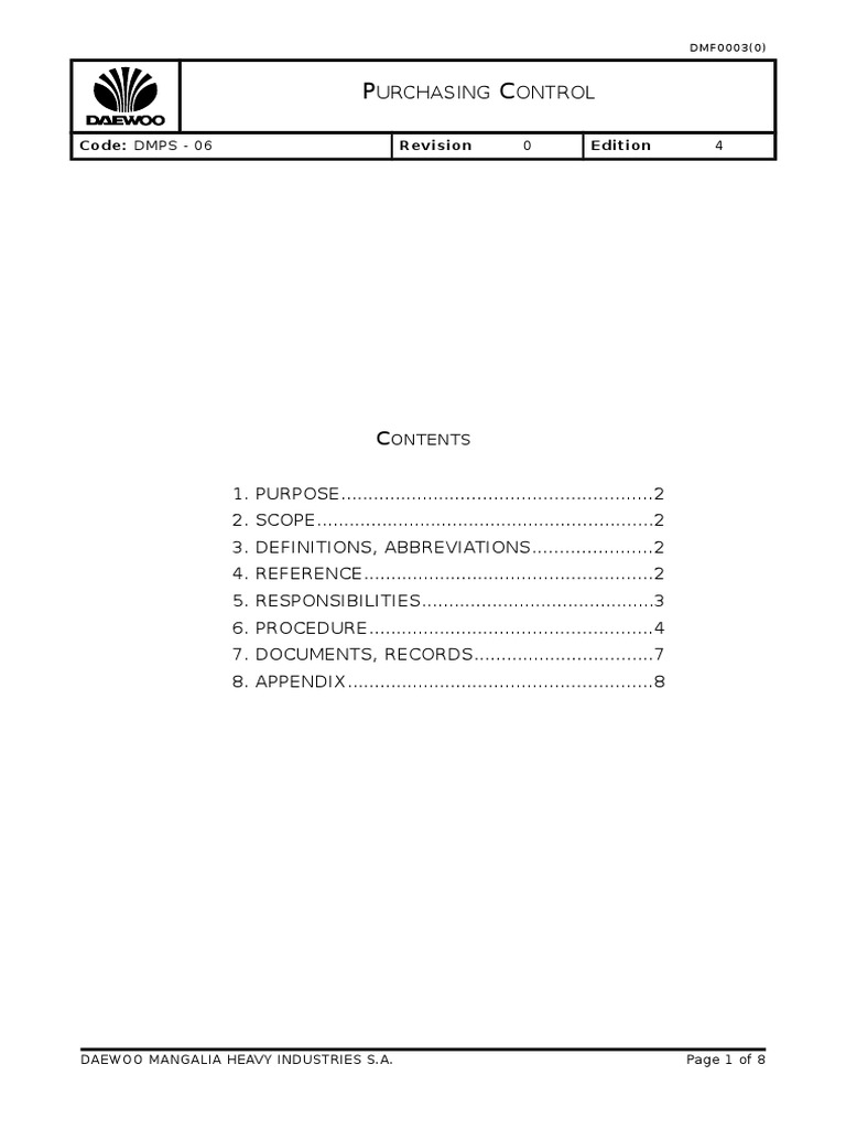 Purchasing Procedures for Materials and Equipment at Daewoo Mangalia Heavy Industries S.A. | PDF ...