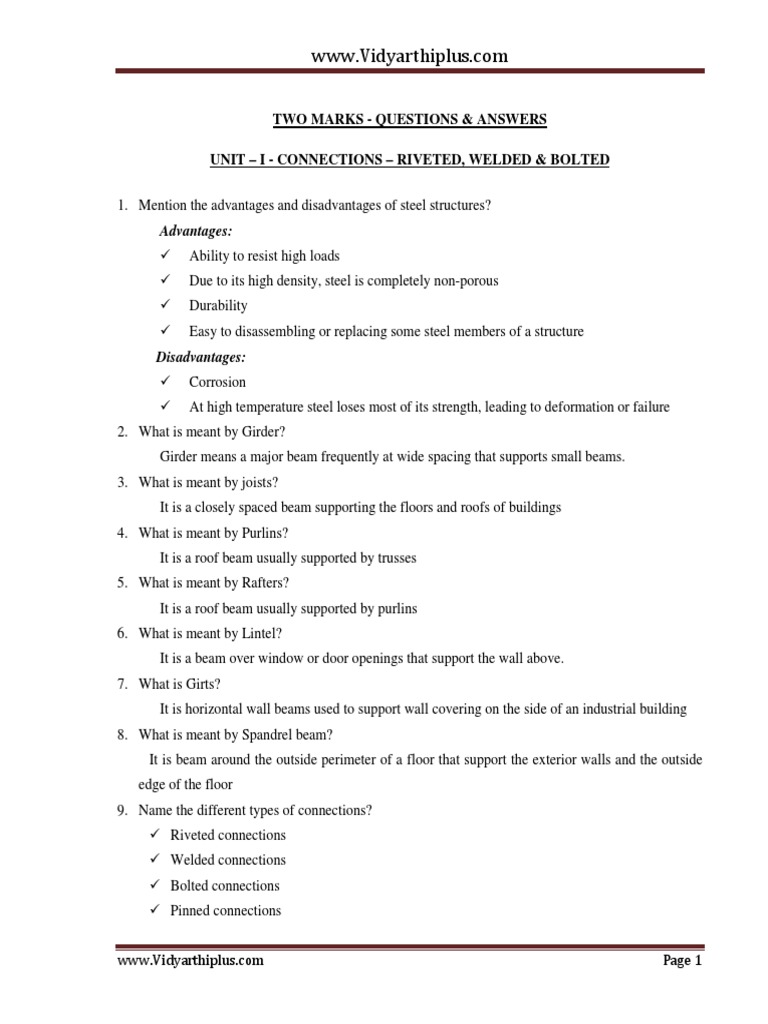 CE1354 - Design of Steel Structures Two Mark Questions Answers ...