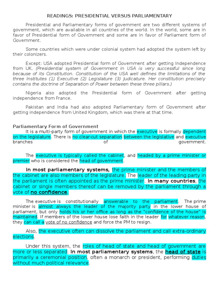 Presidential Government vs. Parliamentary | PDF | Parliament ...