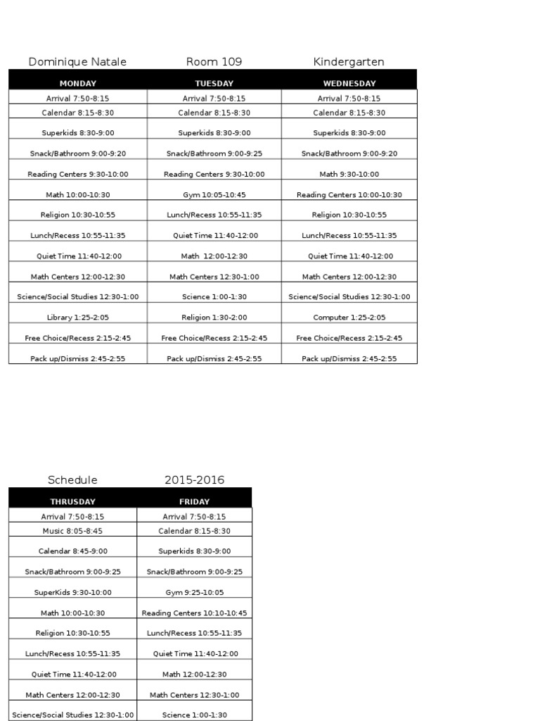 Kindergarten Weekly Schedule | PDF