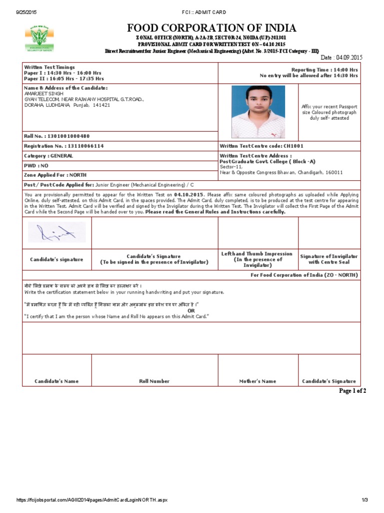 Fci - Admit Card | PDF | Test (Assessment) | Computing And Information ...