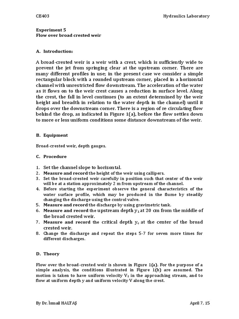 Experiment 5 Flow Over Broad Crested Weir | PDF | Physics | Mechanical Engineering