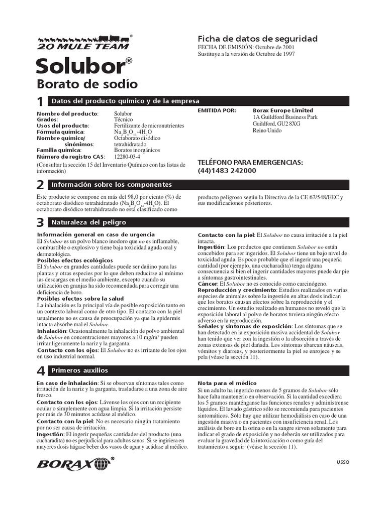 Ficha de datos de seguridad para Solubor (borato de sodio) | PDF | Boro ...