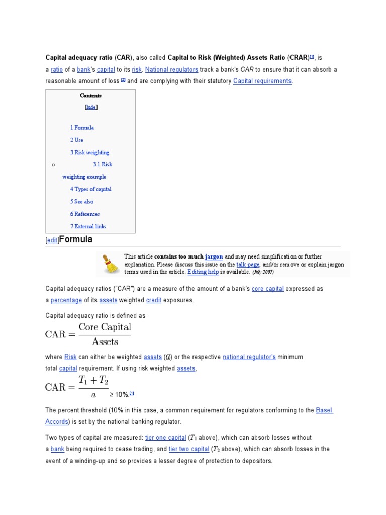 Formula: Ratio Bank Capital Risk National Regulators Capital ...