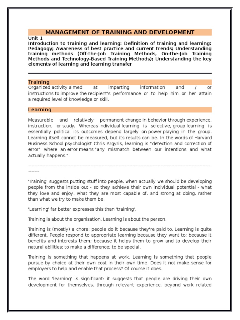 TRAINING AND DEVELOPMENT Unit 1 | PDF | Educational Technology | Learning