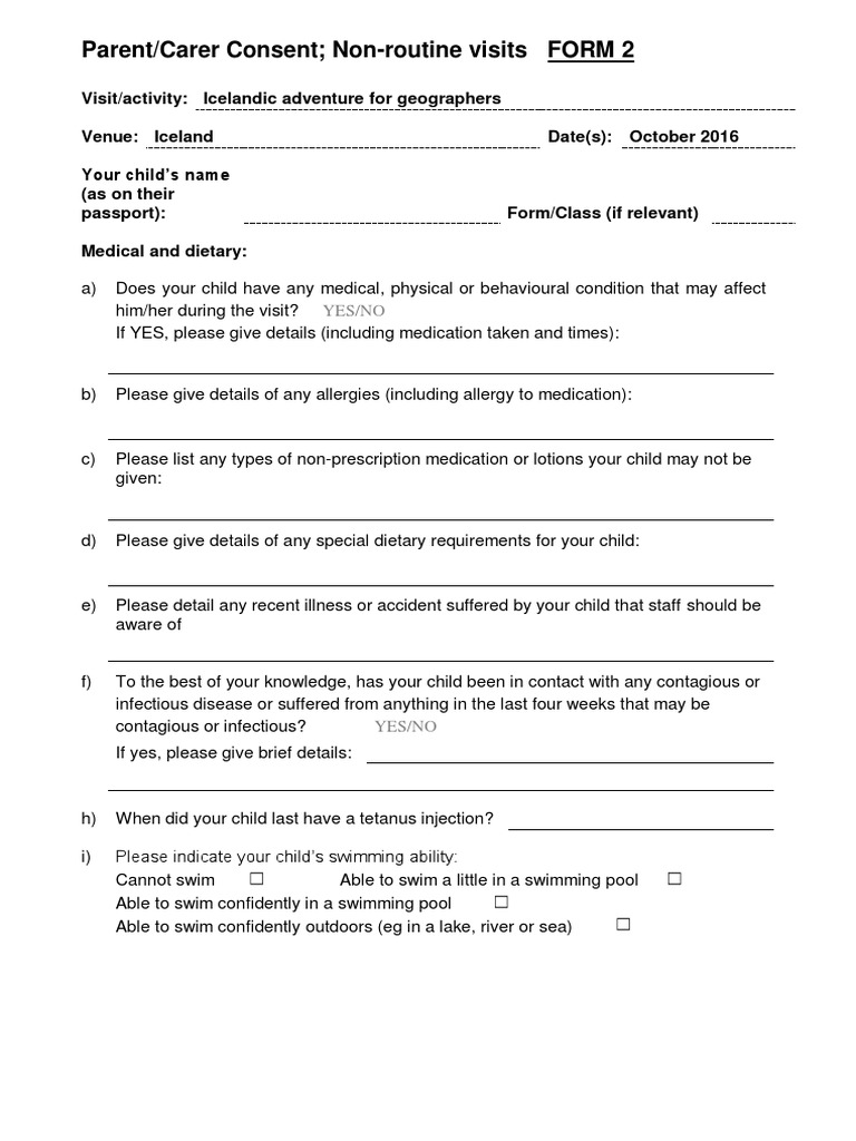 Parent/Carer Consent Non-Routine Visits FORM 2 | PDF | Caregiver ...