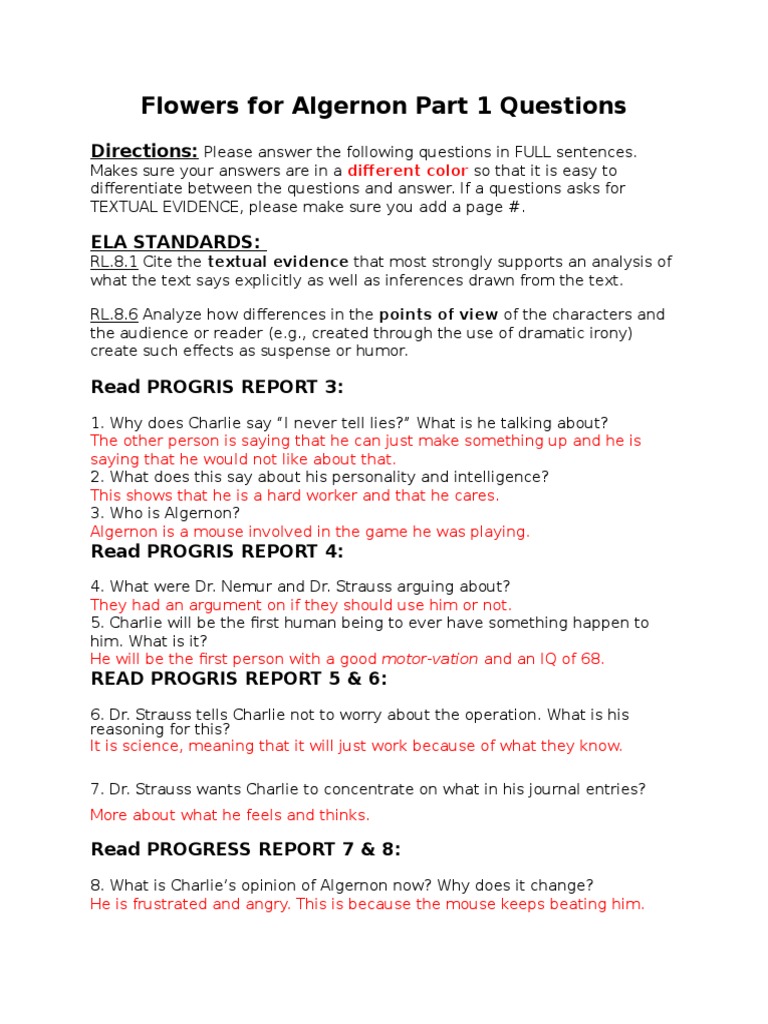 Flowers for Algernon Part 1 Questions | PDF | Self-Improvement