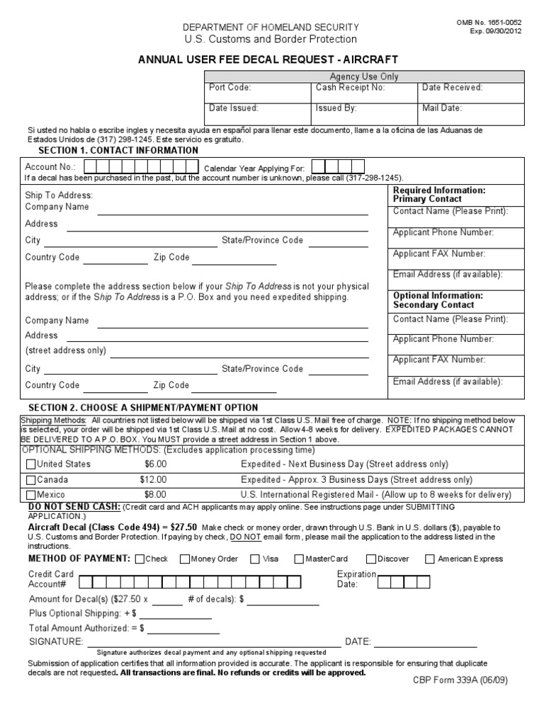 U.S. Customs Form: CBP Form 339A - Annual User Fee Decal Request ...