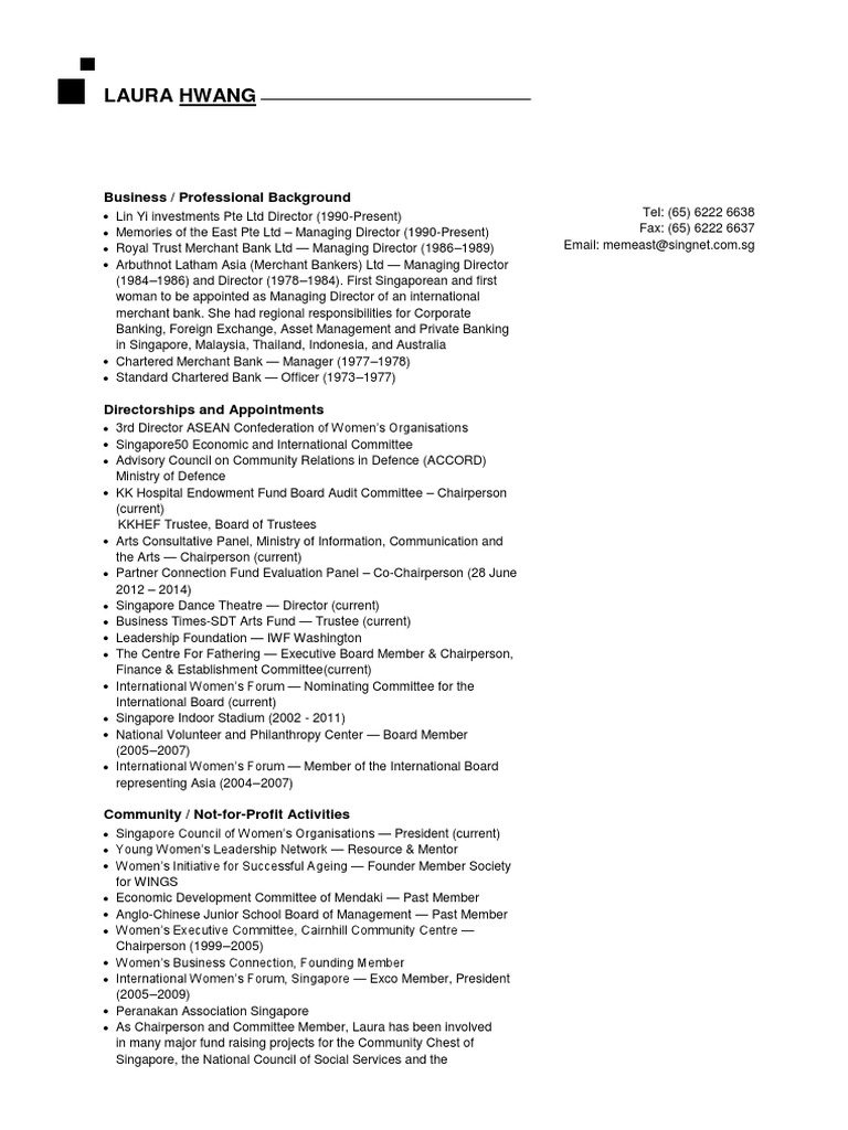 Laura Hwang Bio Resume | PDF | Singapore | World Politics