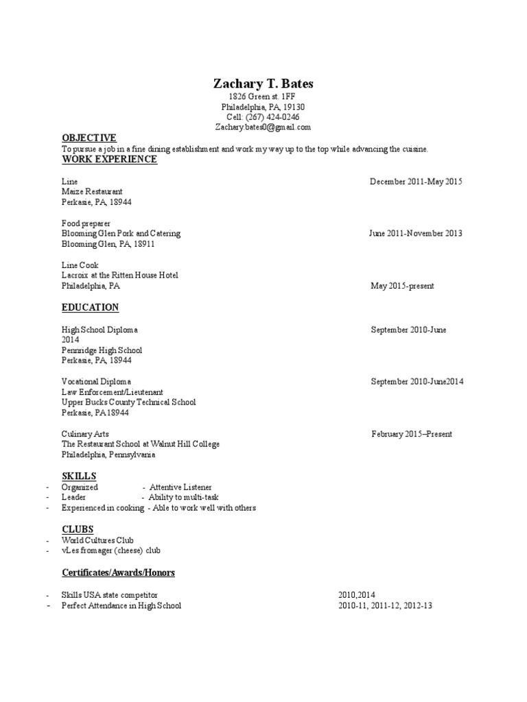 Culinary Resume of Zachary T. Bates | PDF | Cooking, Food & Wine
