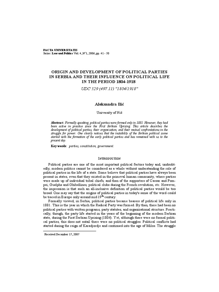 Origin and Development of Political Parties in Serbia and Their ...