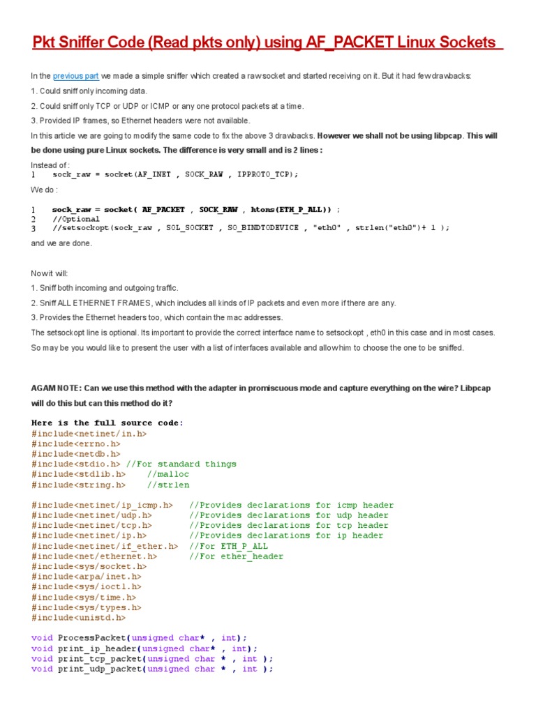 Packet Sniffer Code in C Using Linux Sockets | PDF | Network Socket | Internet Protocols